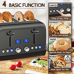 SEEDEEM Toaster 4 Slice, Bread Toaster with LCD Display, 6 Shade Settings Stainless Toaster, 1.5'' Wide Slots, Digital Toaster for Bagel, Defrost, Reheat, Dual Control, Removable Crumb Tray, 1500W, Dark Metallic