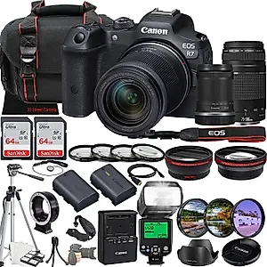 Canon EOS R7 Mirrorless Camera w/RF-S 18-150mm f/3.5-6.3 is STM Lens + EF 75-300mm f/4-5.6 III Lens + 2X 64GB Memory + Case + Filters + TTL Flash + More (35pc Bundle)