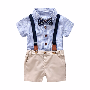 Baby Boys Gentleman Outfits Suits, Infant Blue Shirt+Bib Shorts+Tie+Suspenders Clothing Set,3-6M