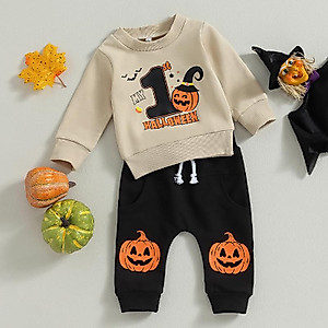 LIOMENGZI Baby Boy Halloween Pants Outfits Long Sleeve Shirts Pumpkin Sweatshirt Pants Infant Boys Fall Halloween Clothes Set (Khaki, 3-6 Months)