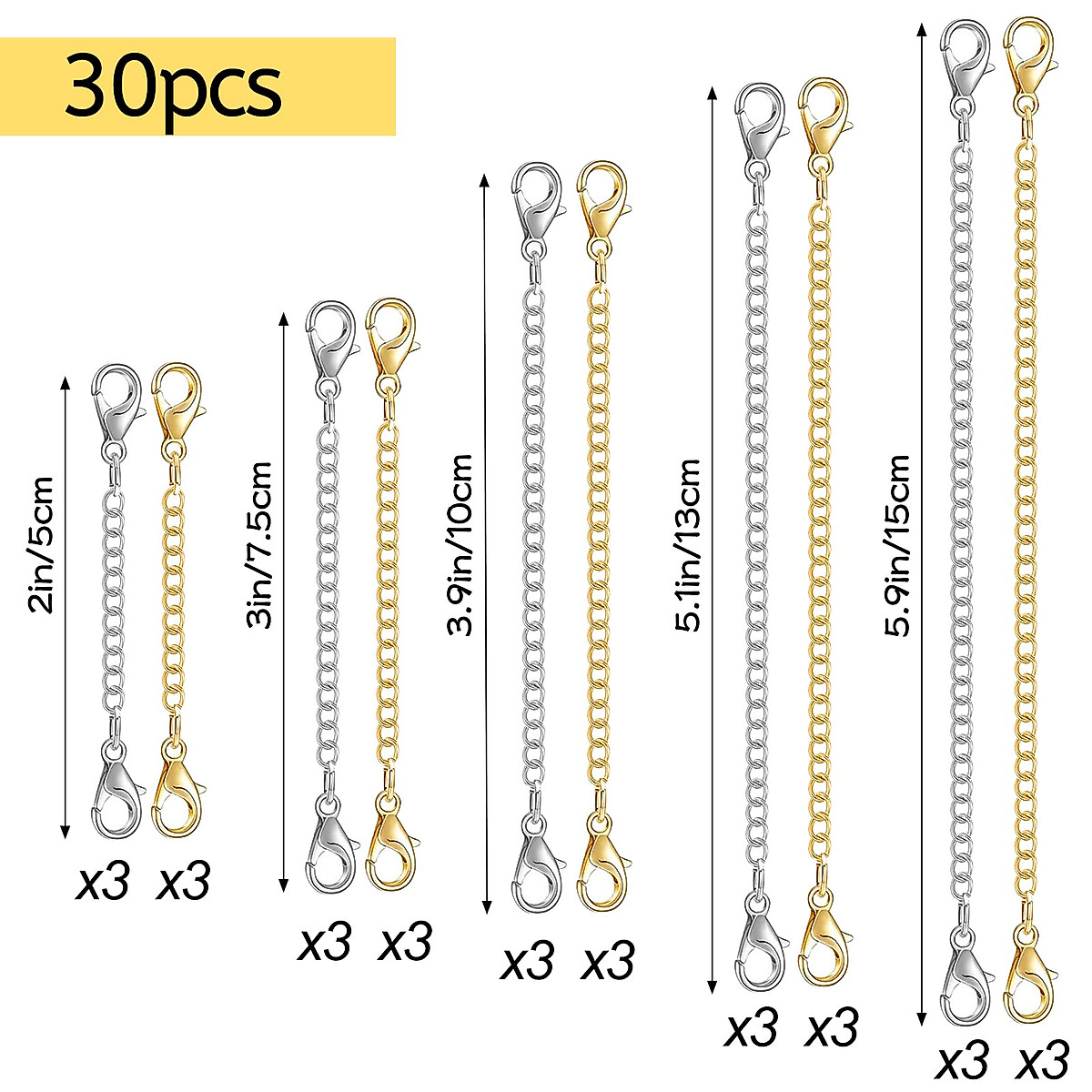 winee 30pcs Chain Extenders for Necklace, Necklace Extenders for Women Girls Bracelet Anklet Extender Stainless Steel Chain Extenders for Jewelry Making 2in 3in 4in 5in 6in (15 Gold, 15 Silver)