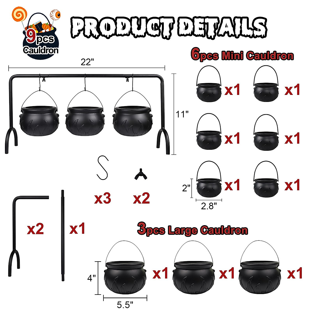 Cauldron Halloween Decor - 9 PCS Large and Mini Plastic Hanging Cauldrons Serving Set - Spooky Black Witches Cauldron Desserts Candy Serving Bowls for Table Home Indoor Hocus Pocus Party Decorations