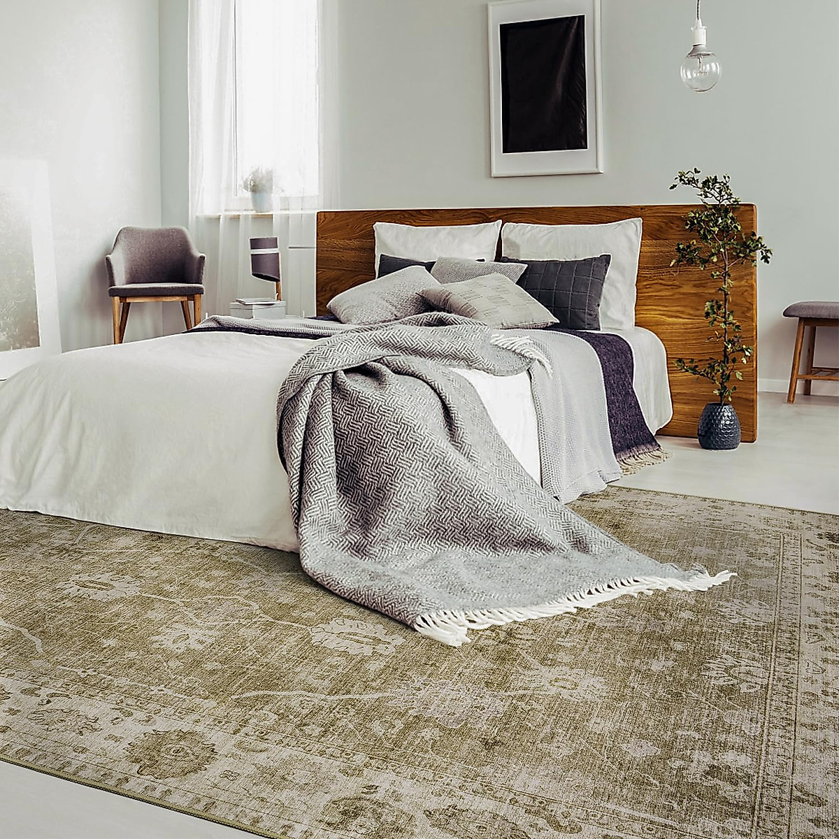 AMOAMI-Vintage 8'x10' Area Rugs for Living Room Washable Area Rug Non-Slip Low Pile Non-Shedding Floral Print Carpet for Bedroom Dining Room Office Double Latte