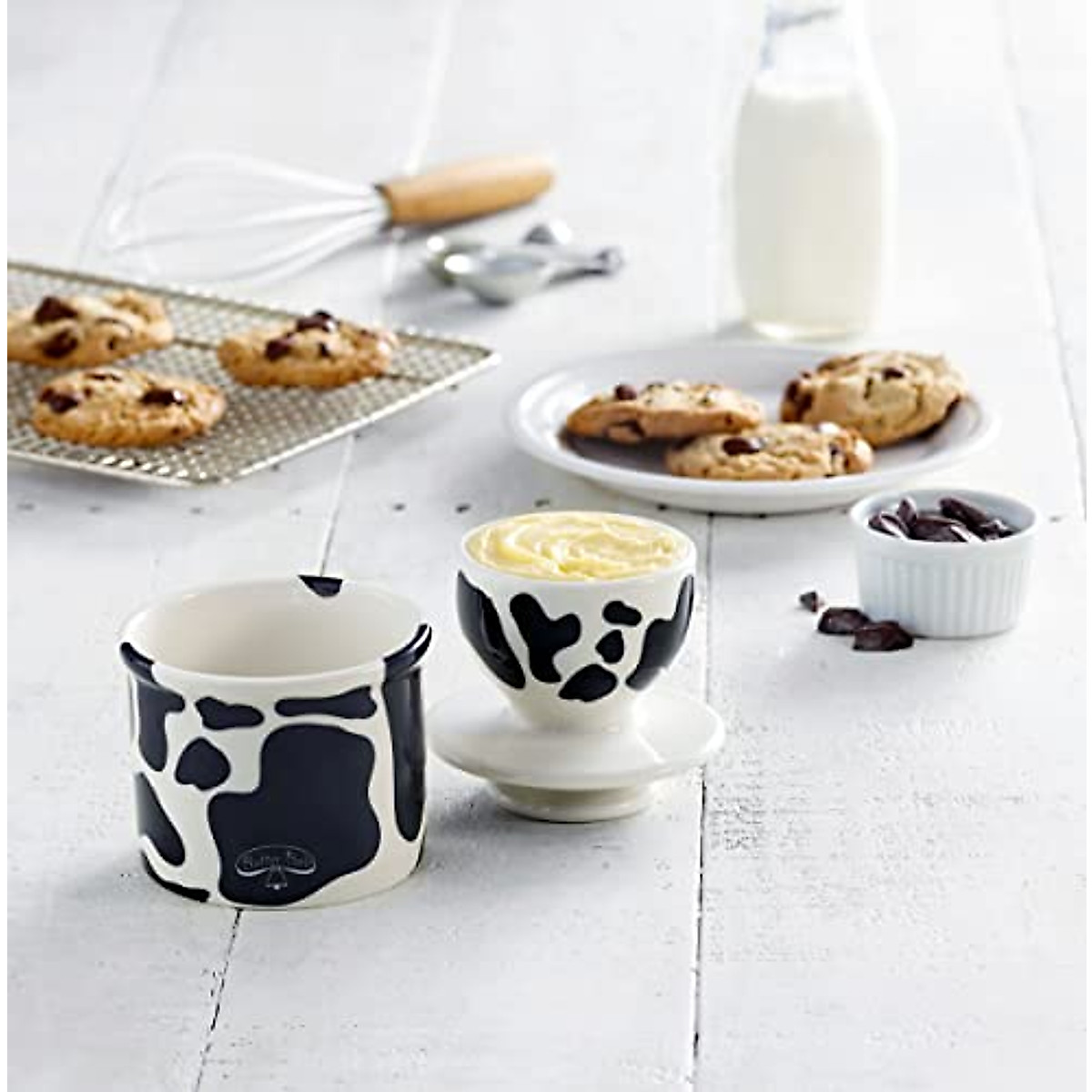 Butter Bell - The Original Butter Bell crock by L Tremain, a Countertop French Ceramic Butter Dish Keeper for Spreadable Butter, Cow Pattern, Black & White