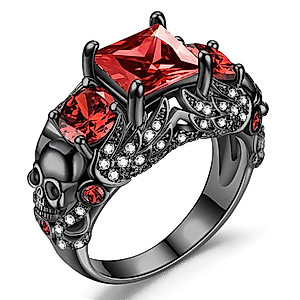 Gothic Jewelry Purple Red Black Crystal Unique Black Skull Rings for Women Halloween Christmas Gifts (Square-Red, 7)