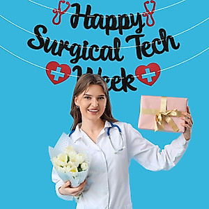 Happy Surgical Tech Week Banner - Surgical Technologist Appreciation Week Decor, Hospital Office Clinics, Thank You Nurse Doctor Party Decor 1 Black & Red Glitter