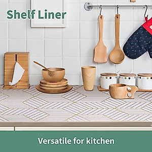 Shelf Liners for Kitchen Cabinets 12in x 20FT, Non Adhesive Cabinet Liner Strong Non-Slip Thickened Gold Geometric Drawer Liner, Easy to Clean for Shelf, Cabinet with Knife and Tape Measure