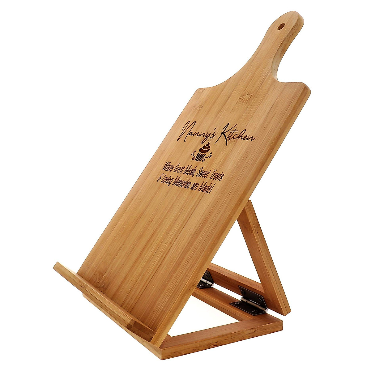 Nanny Recipe Cookbook Holder Stand Gift - Custom Engraved Bamboo Cutting Board Foldable Chef Easel Metal Hinges Kickstand iPad Tablet Compatible Christmas Birthday Kitchen Decor Design (7.25x13.5)