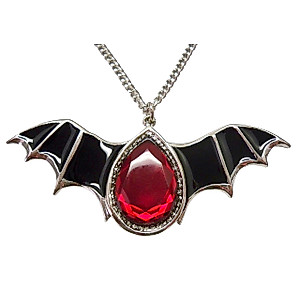 Gothic Black Bat Wings and Blood Red Stone Pewter Pendant Necklace