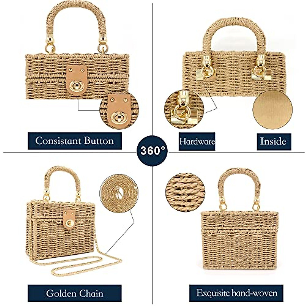 Handwoven Rattan Bag for women-Wicker Woven Square Crossbody vintage Chic Casual Beach Boho Tote Bag Straw Bag（no pendant）