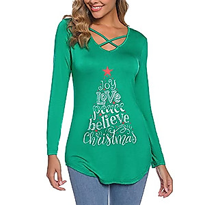 iClosam Women Christmas Letter Print Long Sleeve Tunic Shirts Criss Cross V-Neck Curved Hem Blouses Xmas Tops Sweatshirt Green L