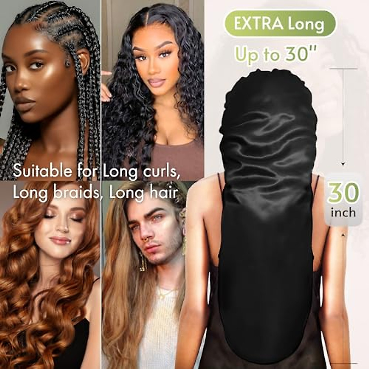 BONNET QUEEN Braid Bonnet Silk Bonnet Foldable Extra Long Bonnet for Braids Satin Bonnet for Sleeping Hair Bonnet with Tie Band Long Sleep Cap Black