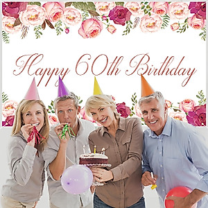 Vlipoeasn Elegant White Happy 60th Birthday Decorations for Women Rose Gold Flower Peony Photography Backdrop for 60th Birthday Party Surprise for Mother Cheers to 60 Years Old Birthday Party Supplies
