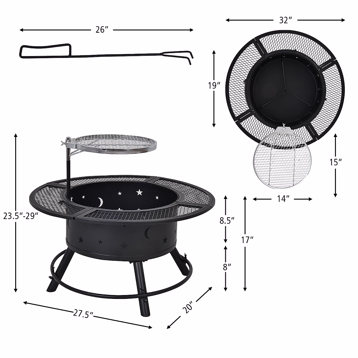 Giantex 2-in-1 Fire Pit with Cooking Grate, 32 Inch Charcoal & Wood Burning Firepit with Swivel Adjustable BBQ Grill & 6.5'' Round Edge Widened Grate, Outdoor Firepit Grill Combo