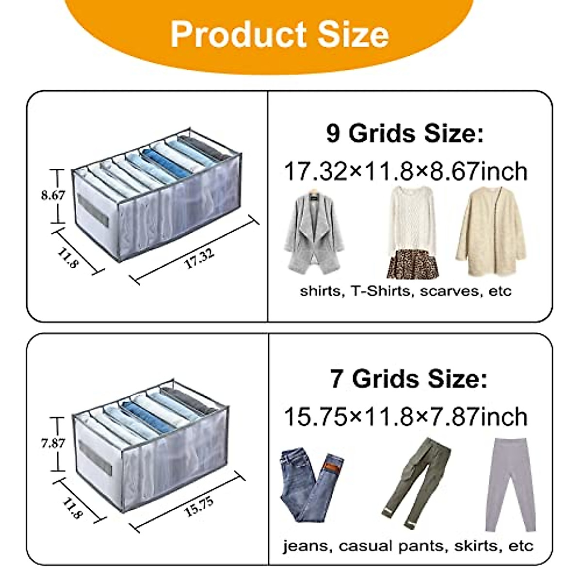 2PCS Upgrade Wardrobe Closet Organizers，7&9-Grids Washable Clothes Organizer with Handles for Jeans，Folded Clothes Organizer Nylon Compartments Storage Bins