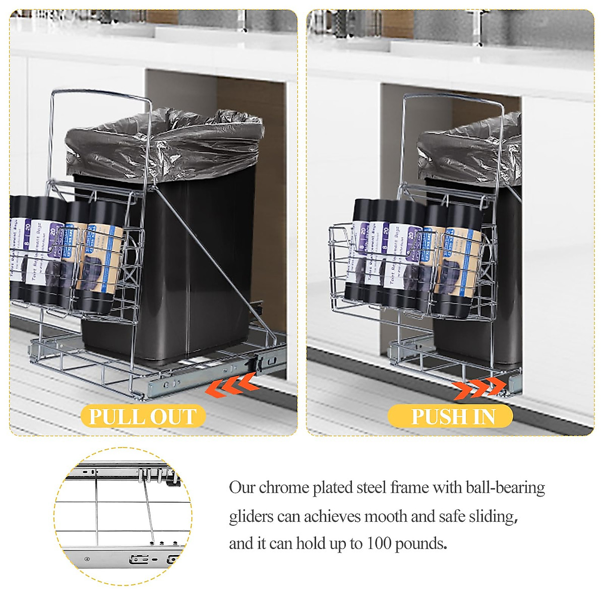 Pull Out Trash Can Under Cabinet Slider, Under Counter Trash Can Pull Out with Garbage Bag Holder, Under Sink Trash Can Pull Out for 7-11 Gallon Garbage Cans, Up to 100 lb (Not Include Trash Can)