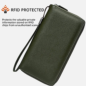 Bveyzi Women RFID Blocking Wallet Leather Zip Around Phone Clutch Large Capacity Ladies Travel Purse Wristlet (Olive Green)