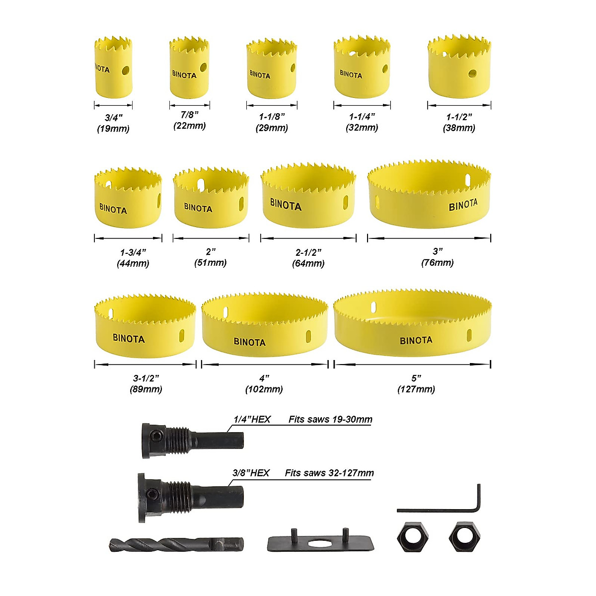 BINOTA Wood Hole Saw Set 16PC for PVC, Plastic, Gypsum Board, Composite Board and Density Board, Kit 19-127mm