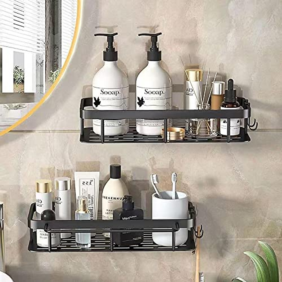 JZRH Shower Box, Strong Adhesive Shower Box Set of 2, with Hanging Rod and 2 Detachable Hooks, Suitable for Bathroom, Kitchen, Balcony and Toilet Black