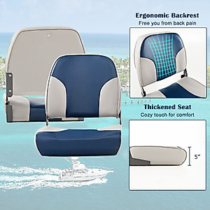 Goplus Low/High Back Boat Seats, Folding Boat Seat with Stainless Steel Screws & Aluminum Hinges, Thickened Sponge Padding, Waterproof Fishing Captain Boat Seats(2 Packs Navy & Gray)