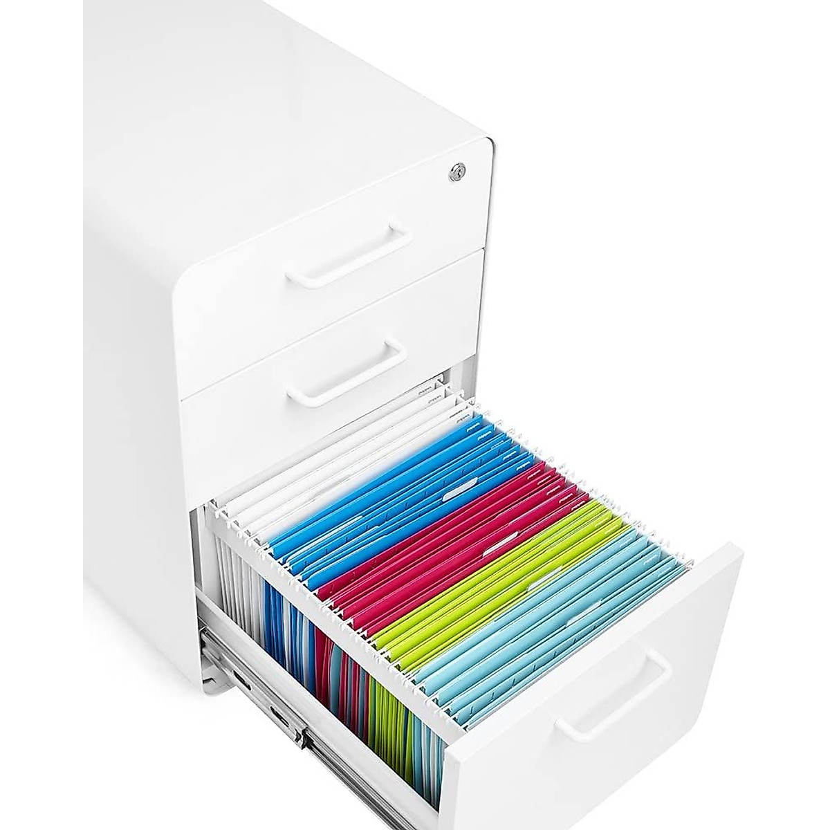 Poppin Stow 3-Drawer Rolling File Cabinet - White. 2 Utility Drawers and 1 Hanging File Drawer. Two Locking and Two Non-Locking Wheels. Powder-Coated Steel. Two Keys Included