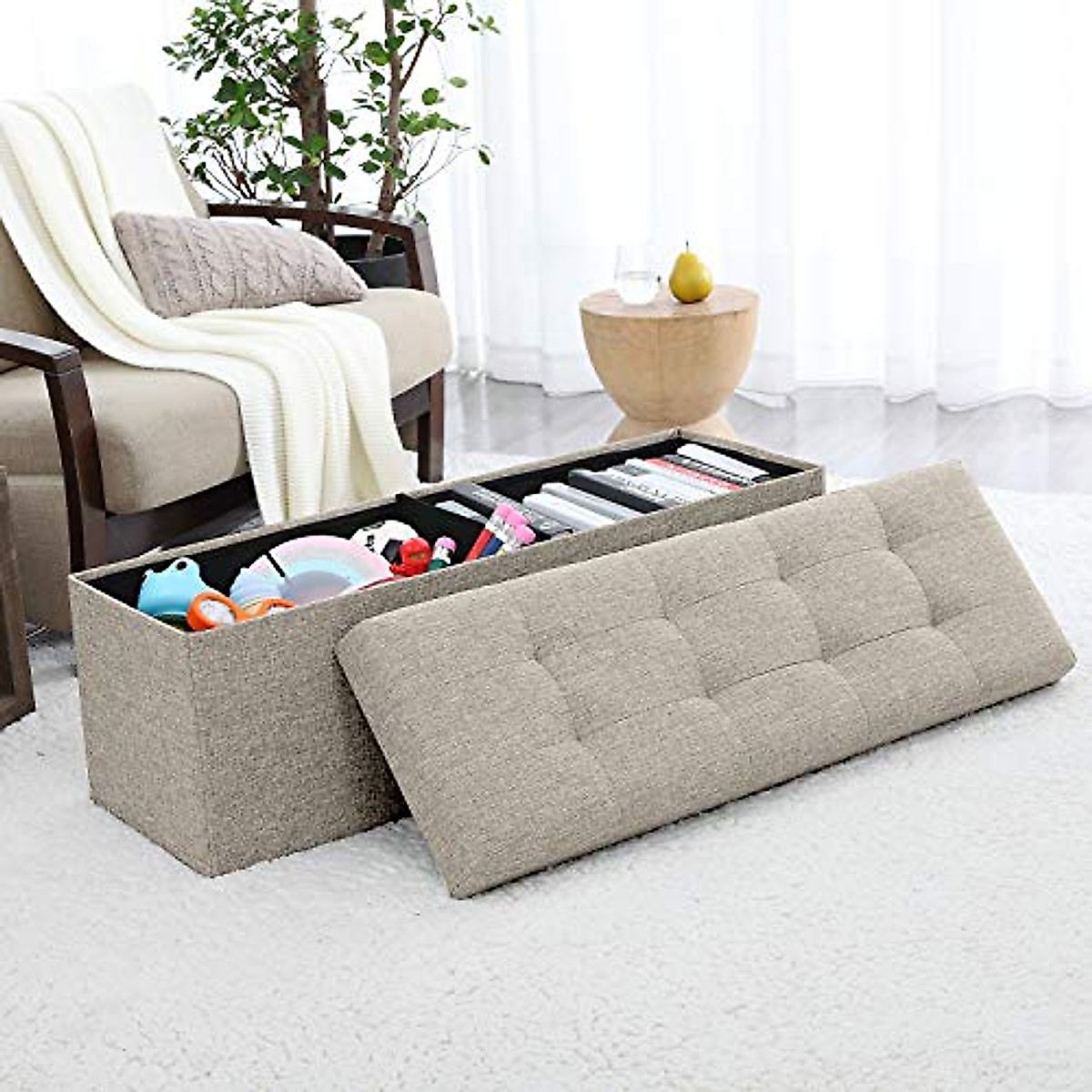 Ornavo Home Foldable Tufted Linen Large Storage Ottoman Bench Foot Rest Stool/Seat - 15" x 45" x 15" (Beige)