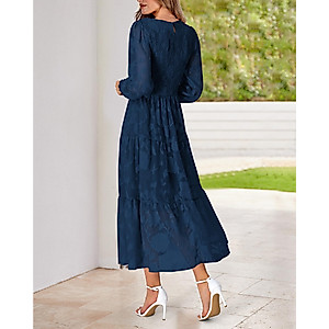BTFBM Casual Women's 2025 Fall Dresses Elegant Wedding Guest Dress Long Sleeve Floral Midi Dress Flowy Bohemian Long Dress(Dark Blue,Small)