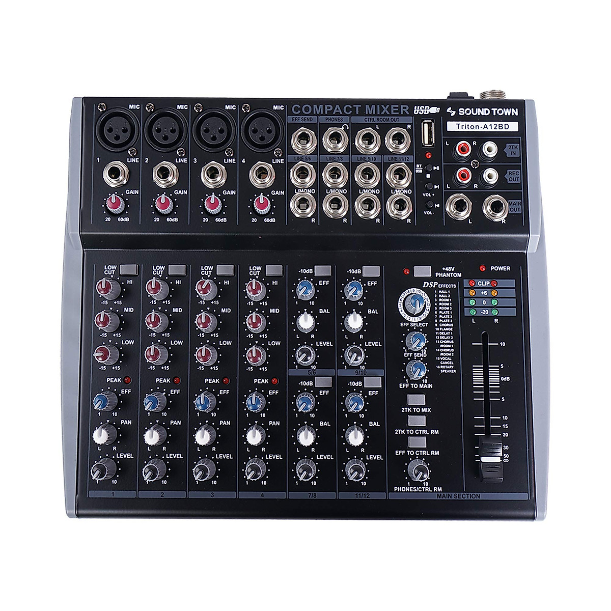 Sound Town Professional 12-Channel Audio Mixer with USB interface, Recording, EQ, Bluetooth, DSP and 48V Phantom (TRITON-A12BD)