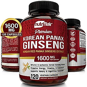 NutriFlair Korean Red Panax Ginseng 1600mg, 120 Vegan Capsules - High Potency Ginseng Root 5% Ginsenosides Extract Powder Supplement - Energy, Focus, Vigor, Performance Pills for Women & Men, Non-GMO