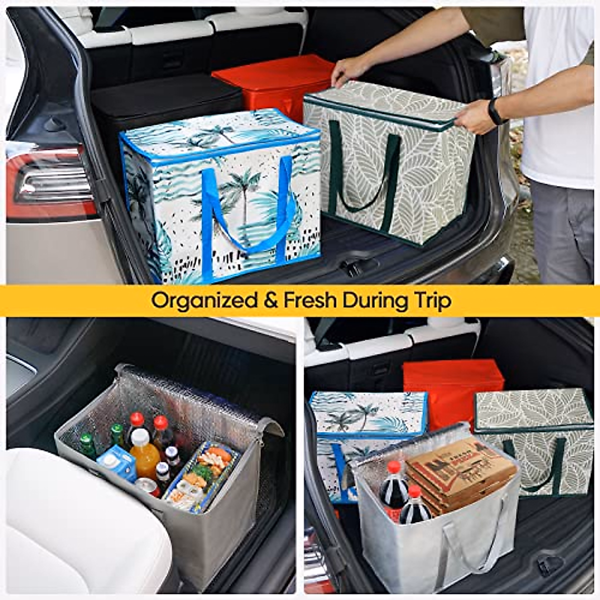 BALEINE 2Pk Insulated Reusable Grocery Bags, Collapsible Cooler Bag for Groceries, Heavy Duty Large Insulated Bag (Large, Charcoal Black)