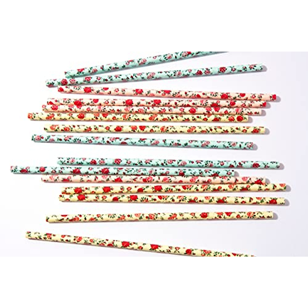75-Pack Biodegradable Floral Paper Straws - Pink, Blue, Yellow - Vintage Flower & Rose Design - Eco-Friendly Disposable Straws for Parties by JPACO