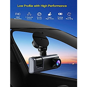 3 Channel Dash Cam Front and Rear Inside, 1080P Dash Camera for Cars, Dashcam Three Way Triple Car Camera with IR Night Vision, Loop Recording, G-Sensor, Parking Monitor, 24 Hours Recording