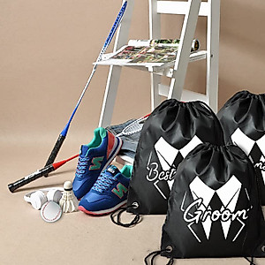 LADY & HOME 7 Pack Groomsmen Proposal bags, Groom Crew Bag Set, Groomsmen Drawstring Bag for Bachelor Party(Suit-Squiggles)