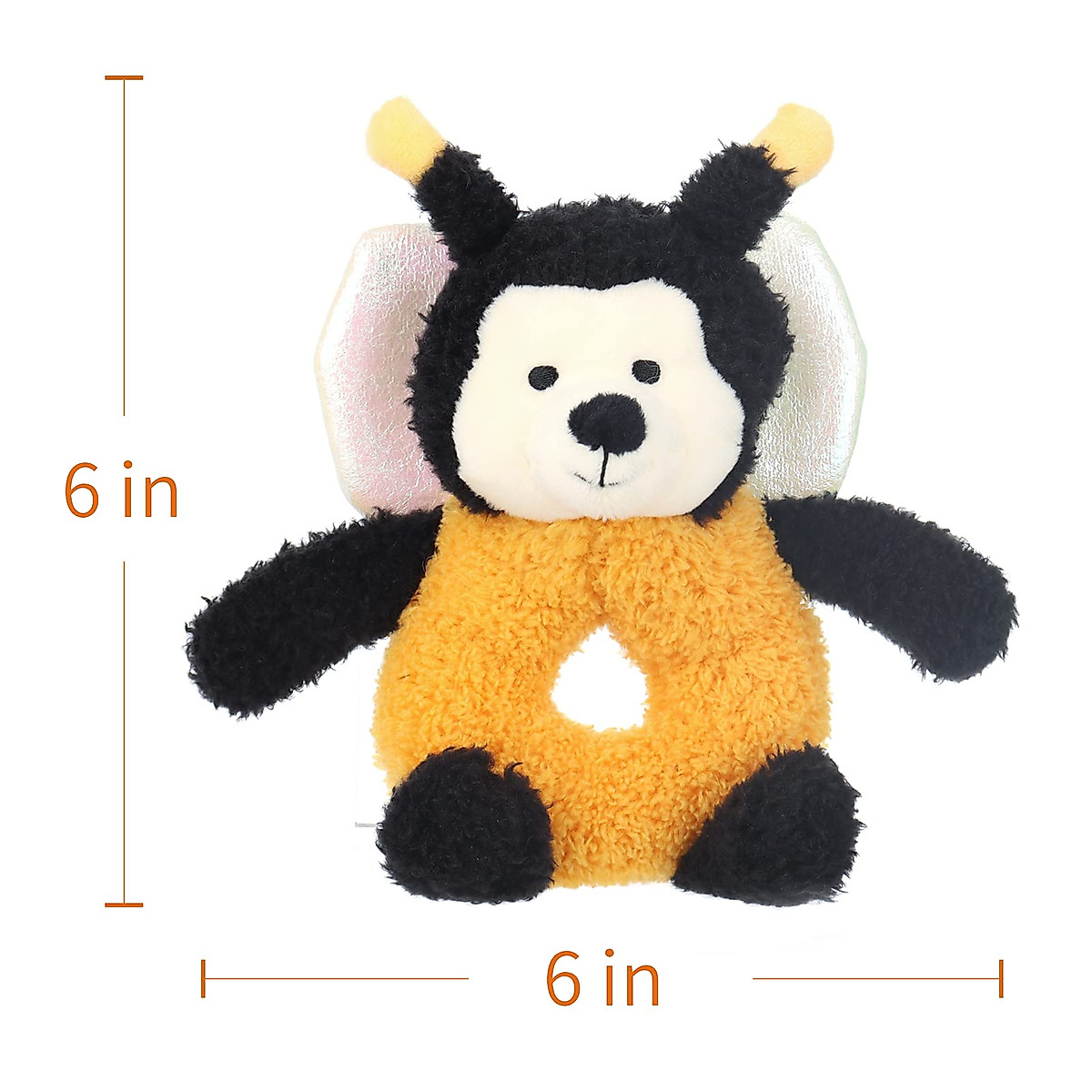 Apricot Lamb Baby Bee Soft Rattle Toy, Insect Plush Stuffed Animal for Newborn Soft Hand Grip Shaker Over 0 Months (Bee, 6 Inches)