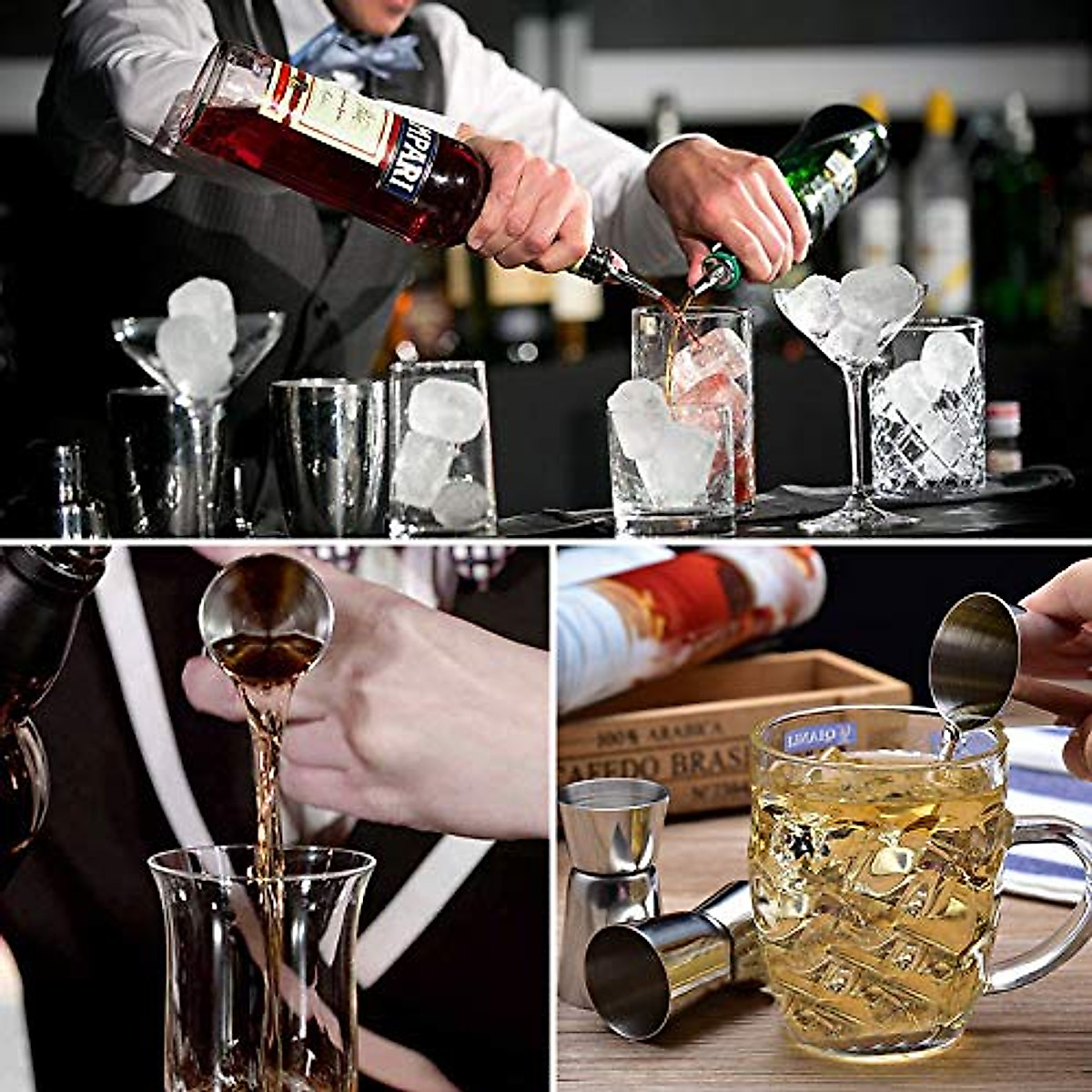 5 Pack Stainless Steel Liquor Pour Spouts Set & 2 Double Jiggers, SourceTon 5 Liquor Pour Spouts + 5 Dust Caps Covers + 2 Cleaning Brush + 2 Double Jiggers for cocktail making