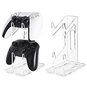 FYY Game Controller Holder 2 Tiers - Universal Dual Controller & Headphone Stand, Acrylic Clear Display Stand Compatible with Nintendo Switch, Xbox, PS5, PS4 - Desk Mounts