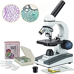 AmScope M150C-PS25 Compound Monocular Microscope, WF10x and WF25x Eyepieces, 40x-1000x Magnification, LED Illumination, Brightfield, Single-Lens Condenser, Coaxial Coarse and Fine Focus, Plain Stage, 110V, Includes Set of 25 Prepared Slides