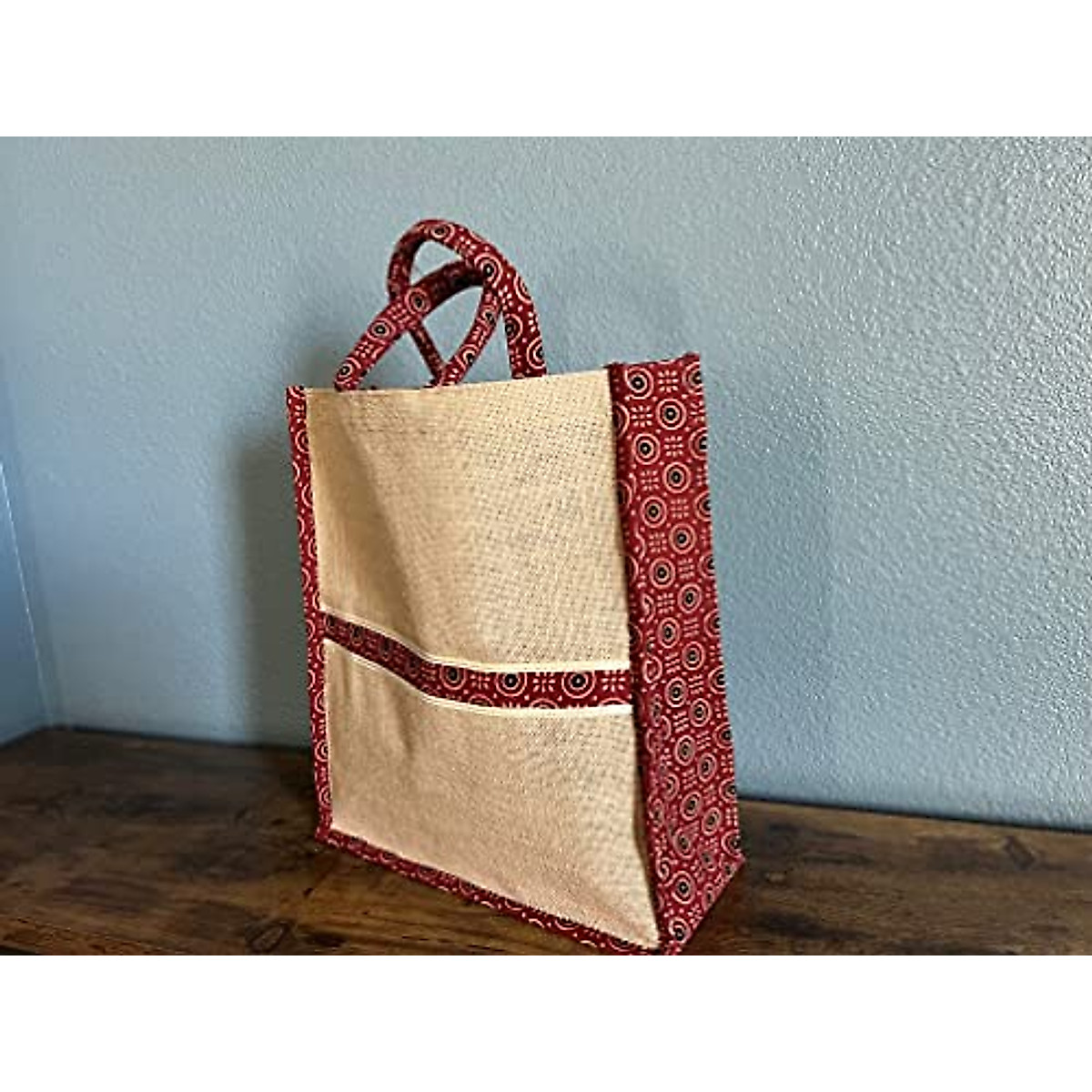 Stylish Hand made Jute Bags - Unique bag designs (supports under privileged women), Beige With Red Or Yellow Accents