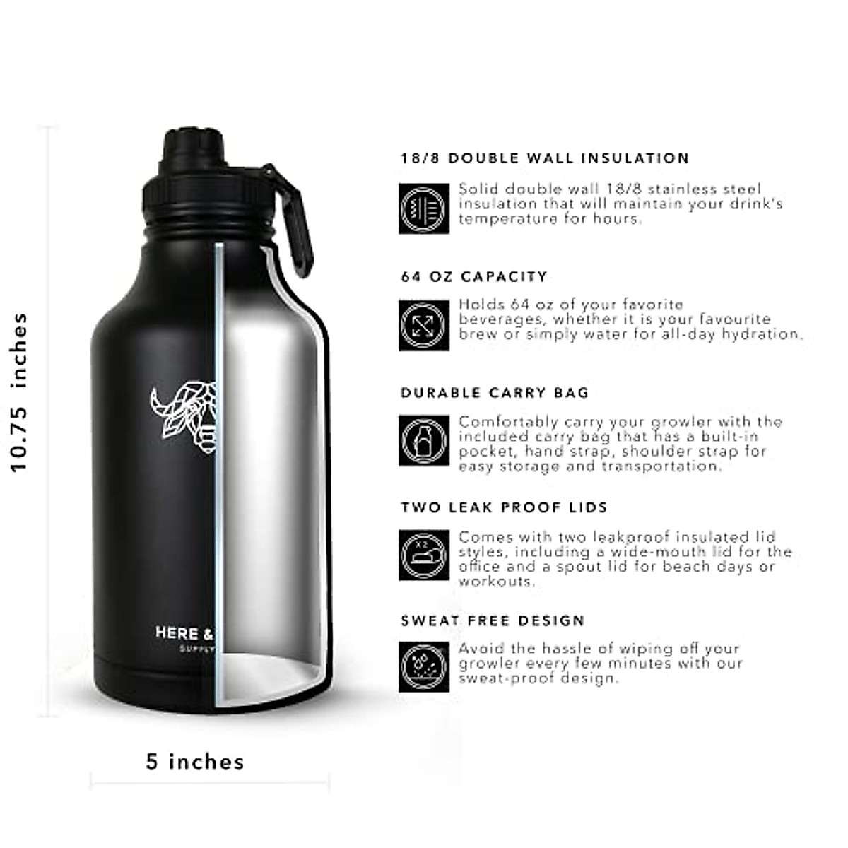 Growler for Beer & Water | 64 oz Double Wall Vacuum Insulated Stainless Steel Thermos Bottle | Jug for Hot & Cold Beverages | Carry Case with Pocket Included | by Here & Now Supply Co. (Black)
