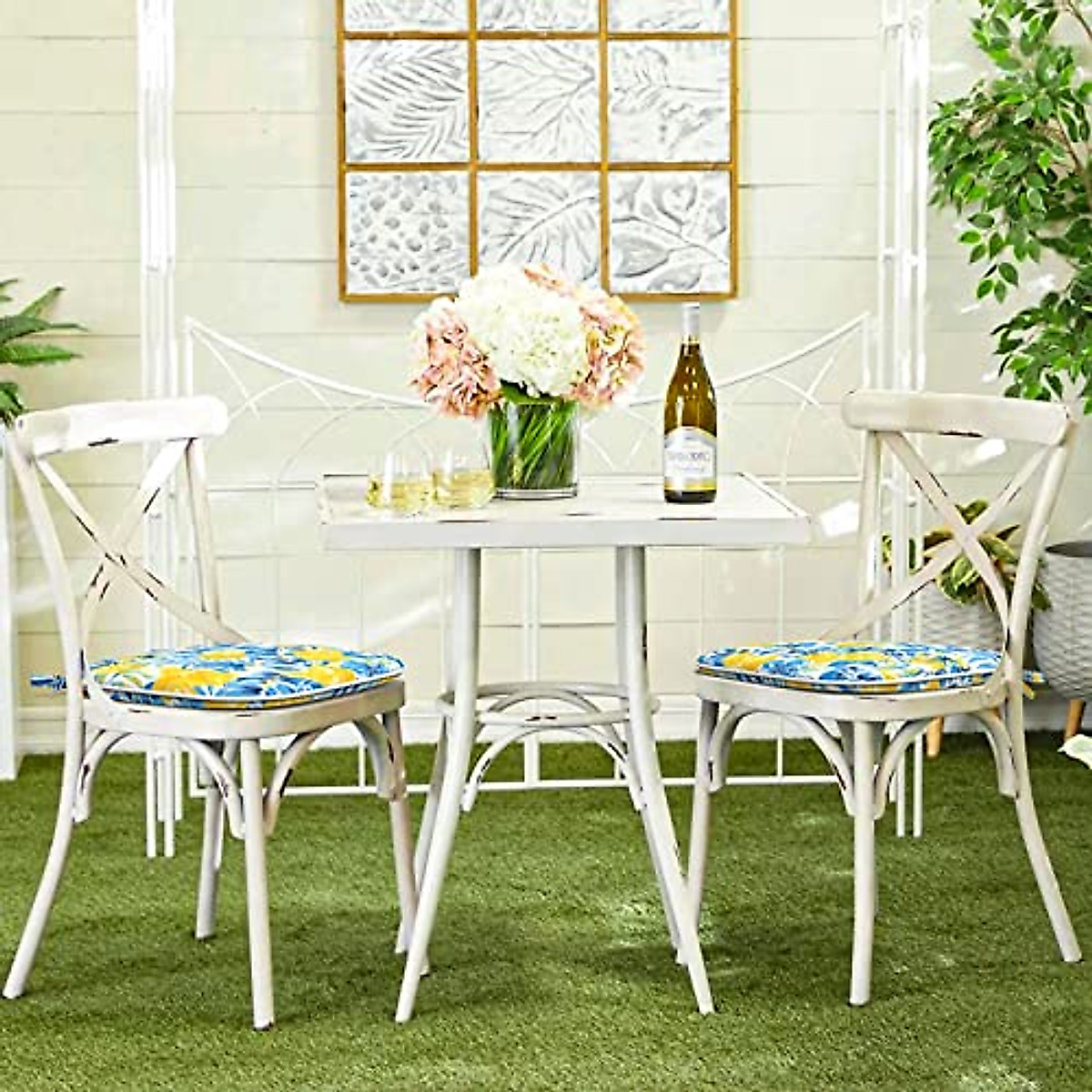 TWLEAR Indoor/Outdoor Chair Cushions 16x17 inch, Patio Chair Pads with Ties, All Weather Seat Cushions for Patio Funiture Home Garden Chair Use, Set of 2, Lemon Blossom Blue