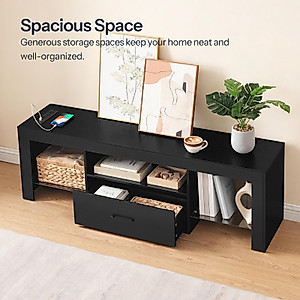 HOOBRO LED TV Stand with Power Outlets to 65 inch TV, Gaming Entertainment Center with Glass Shelves and Large Drawer, Modern Media TV Console Table for Living Room Bedroom, Black BB14UDDS01G1