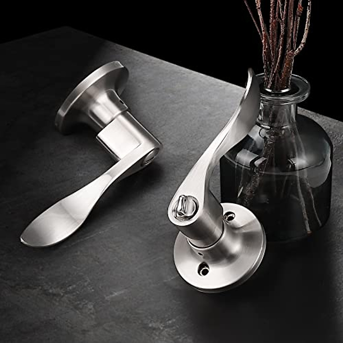 GOBEKOR 5 Pack Brushed Nickel Door Handle Interior Door Levers Privacy for Bedroom Bathroom Door Lock Keyless Wave Lever Door Handles