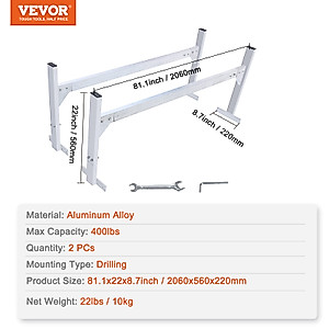 VEVOR Trailer Ladder Rack, 51.2" to 81.1" Adjustable Ladder Racks for Van, 400 LBS Capacity Aluminum Alloy Roof Racks, Drilling Van Ladder Rack for Open and Enclosed Trailers, 2 Pcs