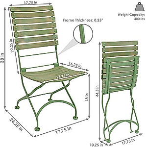Sunnydaze Cafe Couleur European Chestnut Wooden Folding Bistro Chair - Portable, Compact Side Chair - Indoor or Outdoor Use - Patio, Deck, Balcony, Camping and Spare Seating - Green - Set of 2