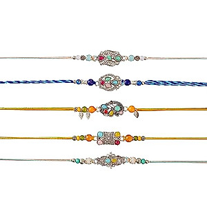 Eximious India Set of 5 Rakhi For Brother With Card Metal Pendant For Raksha Bandhan Designer Rakhi Thread for Bhaiya (Set of 5-1)