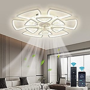 XIEICS Modern Ceiling Fan with Lights Remote Control - Flush Mount Dimmable LED Ceiling Fan Lights & 6 Speeds Bladeless Ceiling Fan with Lights, for Bedroom Living Room (34.8inch, White)