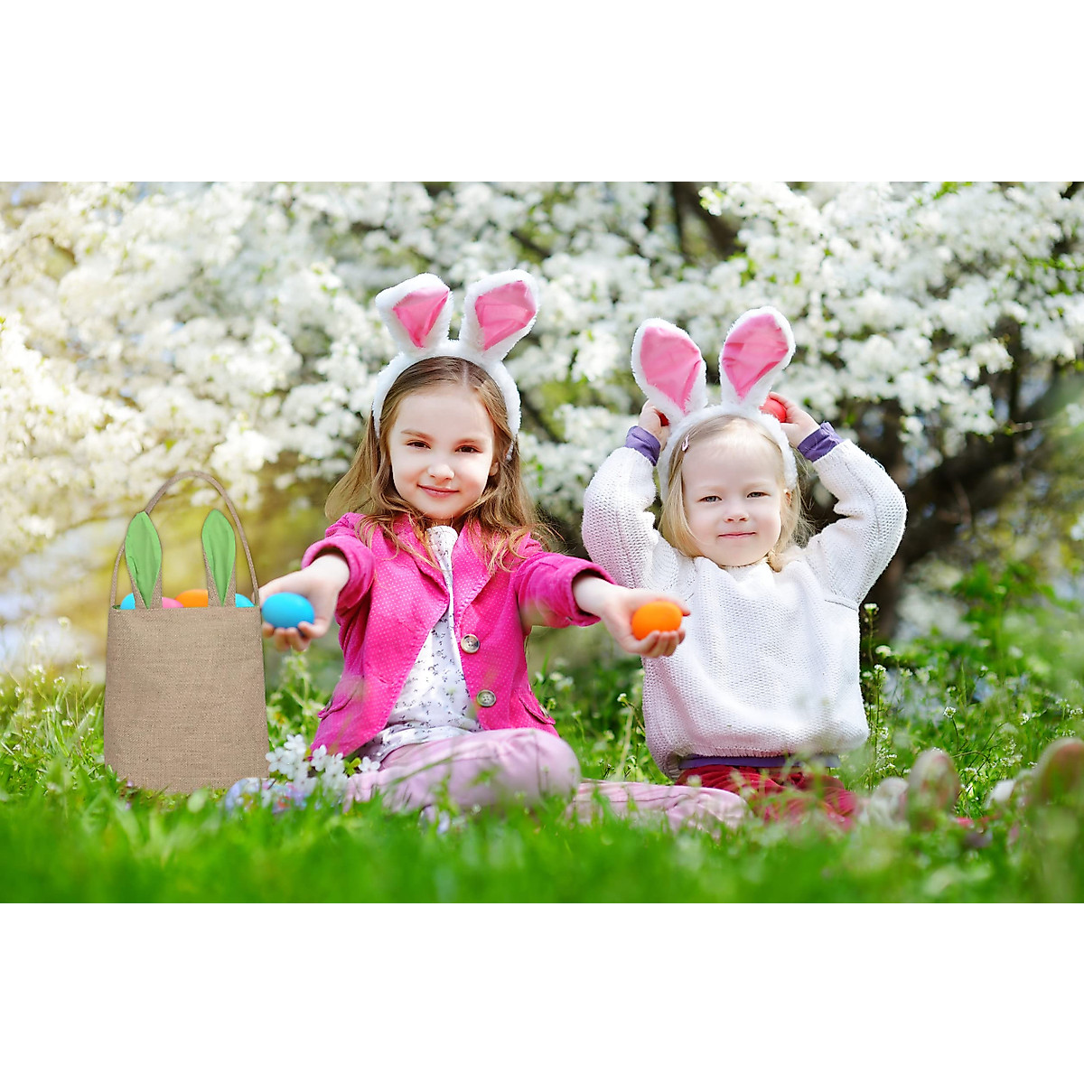 Green Easter Baskets For Kids - Easter Bags with Handles - Large Easter Baskets for Kids Empty - Easter Bunny Bag for Girls or Boys - Burlap Easter Bunny Ear Bag by Jolly Jon