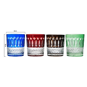 The Wine Savant Crystal Italian Multicolor Design Cups -Set of 4 Whiskey Glasses 8oz 3.5" H Bohemian Venetian Italian Style Red, Blue, Green, Black Glasses, for Dinner Parties, Bars & Weddings