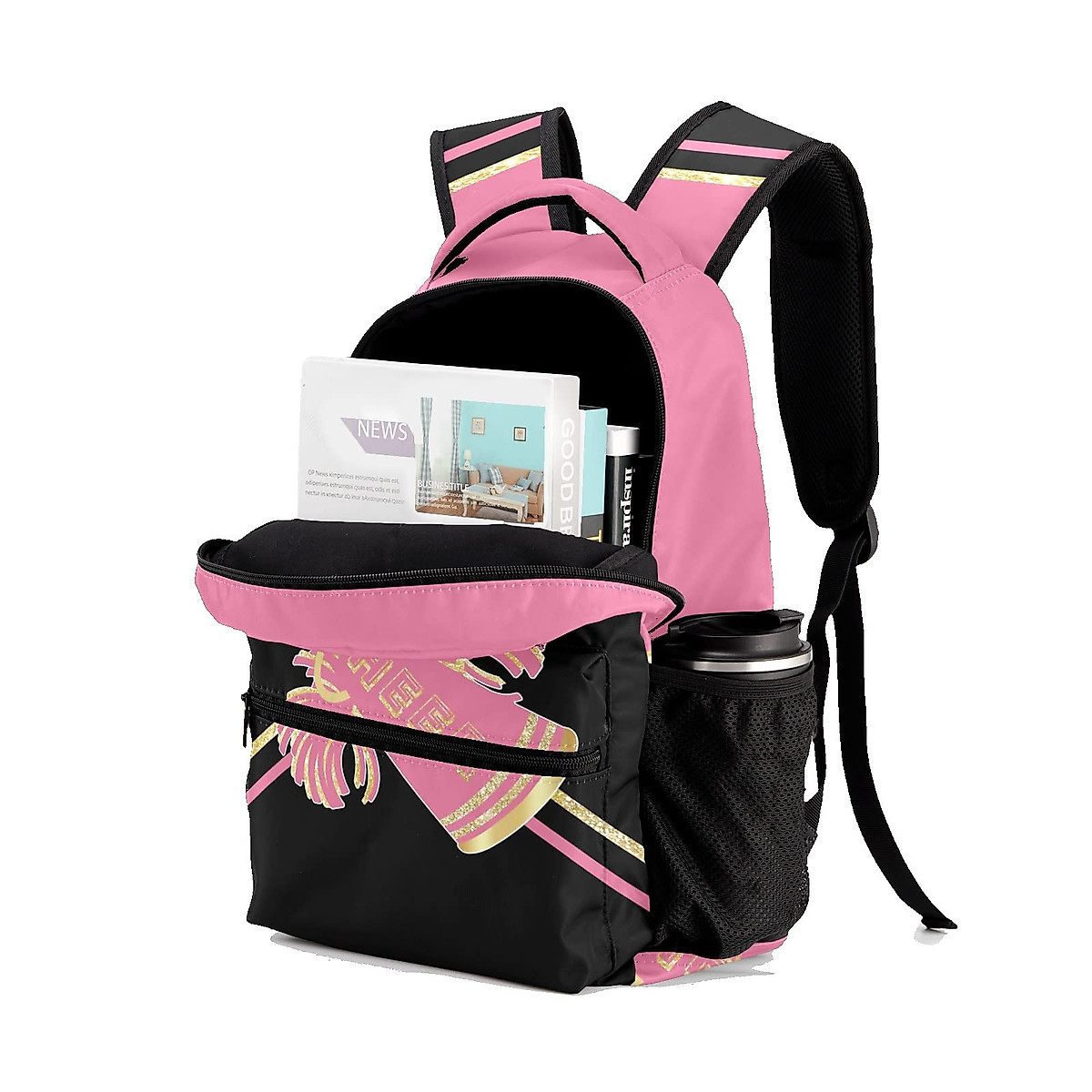 BigBigift Personalized Cheer Pink Black Cheerleaders Waterproof Backpack with Name Text for Women Men Gift, 12.2(L)x5.9(W)x16.5(H)inch