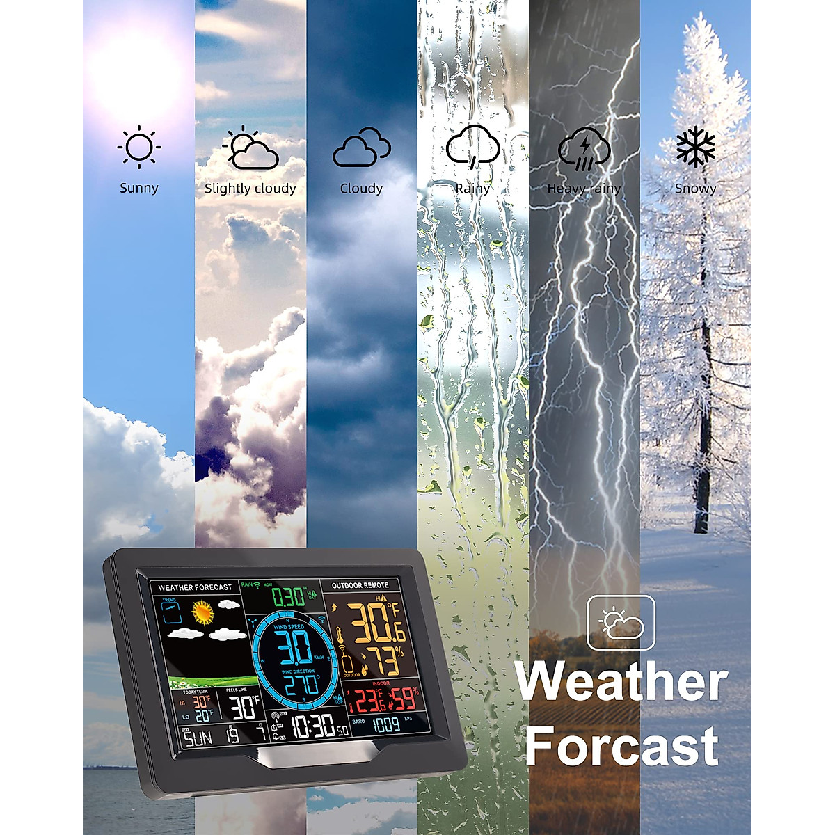 KALEVOL Professional Color Display Weather Station with Atomic Clock, Rain Gauge, Wind Speed and Direction